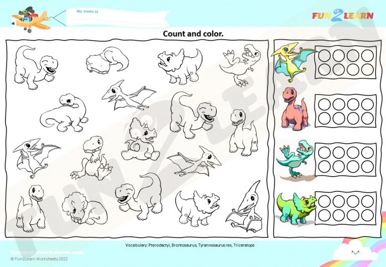 Steve and Maggie | Dinosaurs | Free Worksheet | Count and Color - Fun2Learn